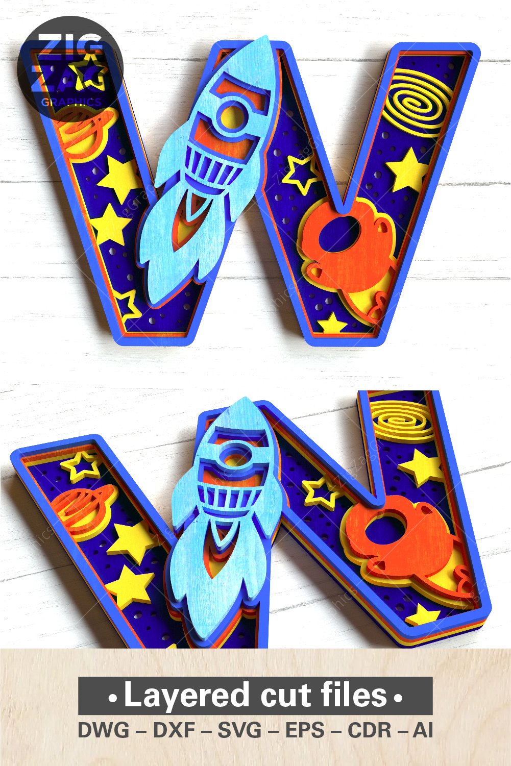 layered kids letter W with space rocket astronaut and stars
