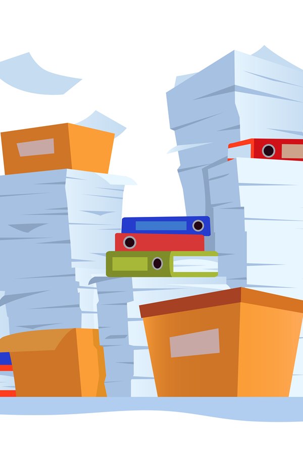 Unorganized paperwork. Paper documents stack, office work do