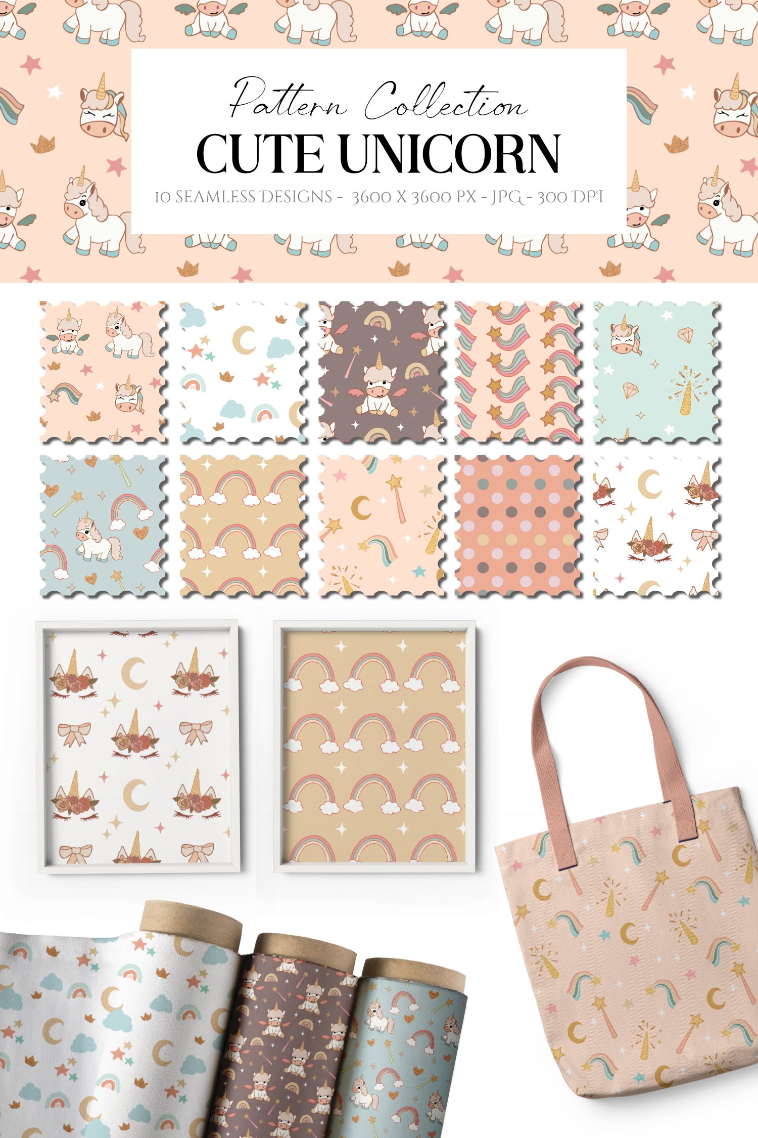 Cute Unicorn Pattern - 10 seamless Patterns
