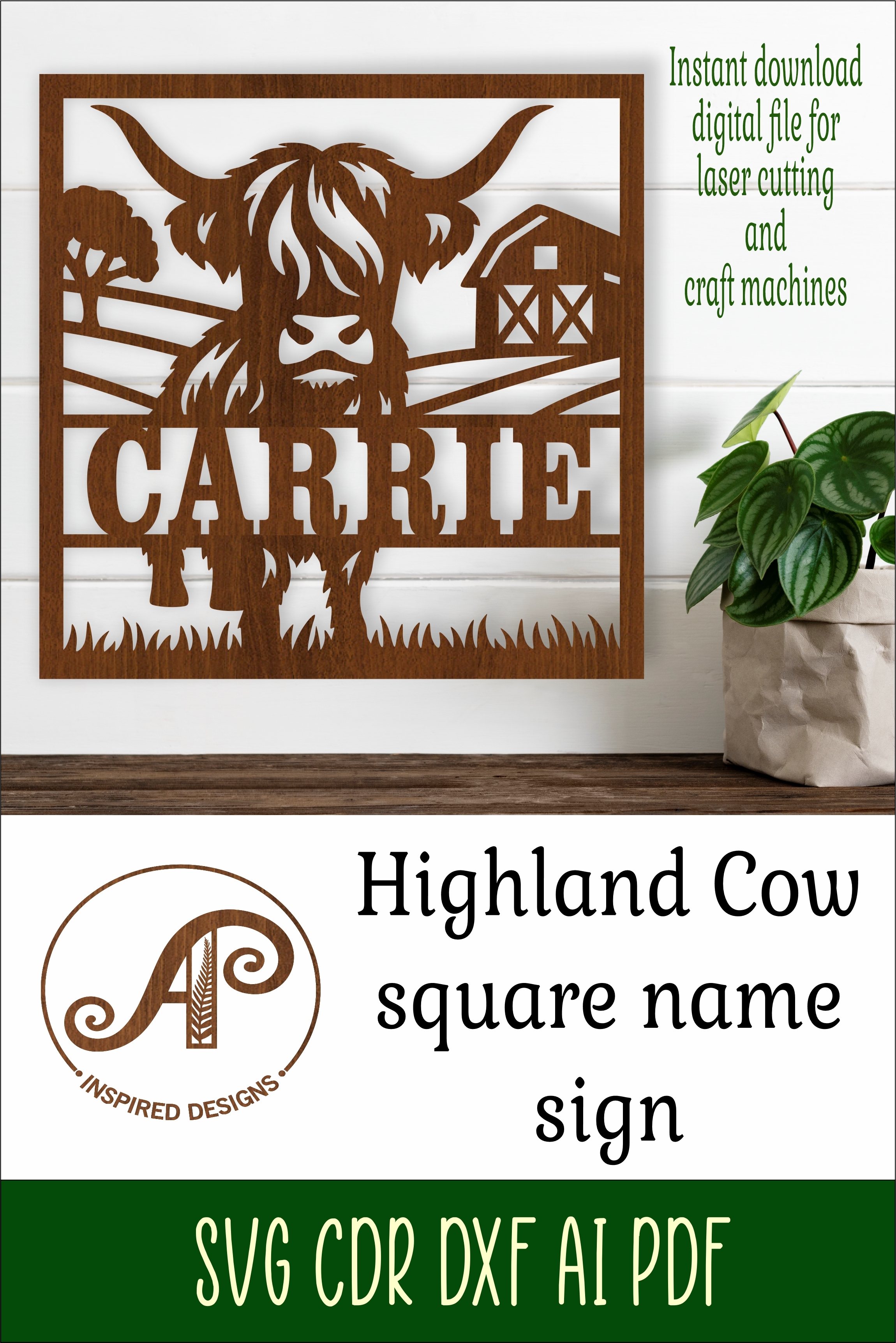 Highland cow name sign design for laser cutting or cards
