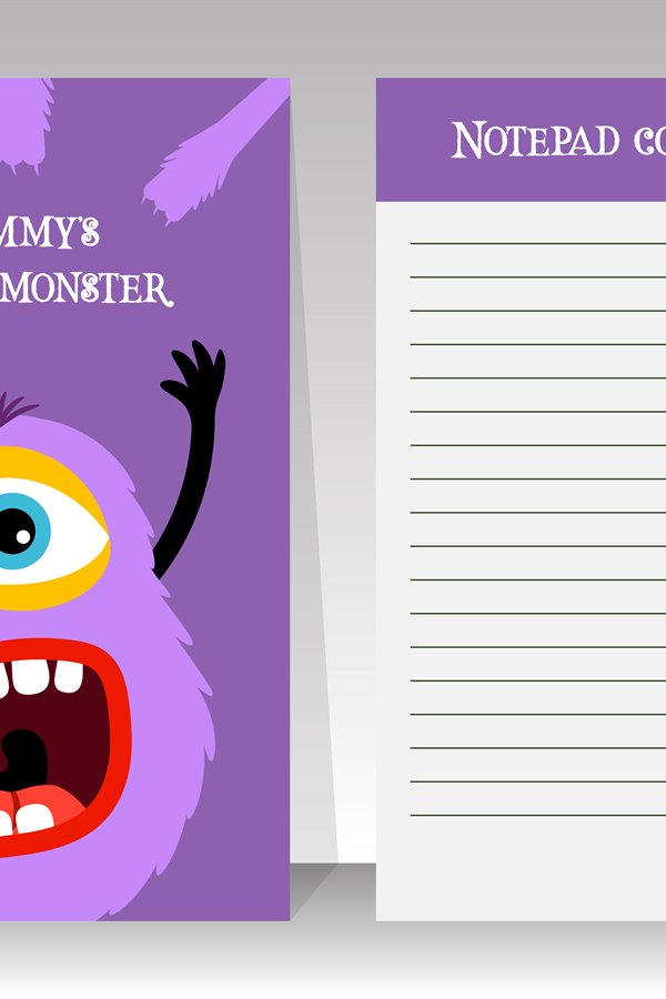 Notebook template with cartoon fluffy monster