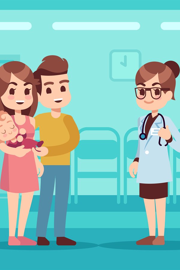 Happy family with baby and pediatrician doctor. Pediatric ca