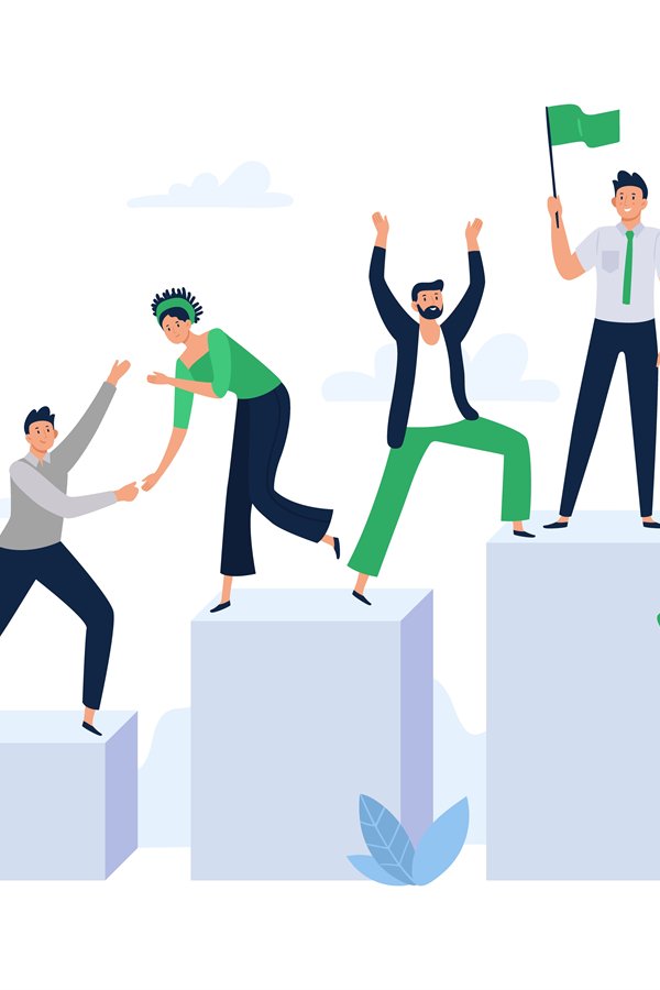 Career ladder with team people. Office worker hold flag, gro