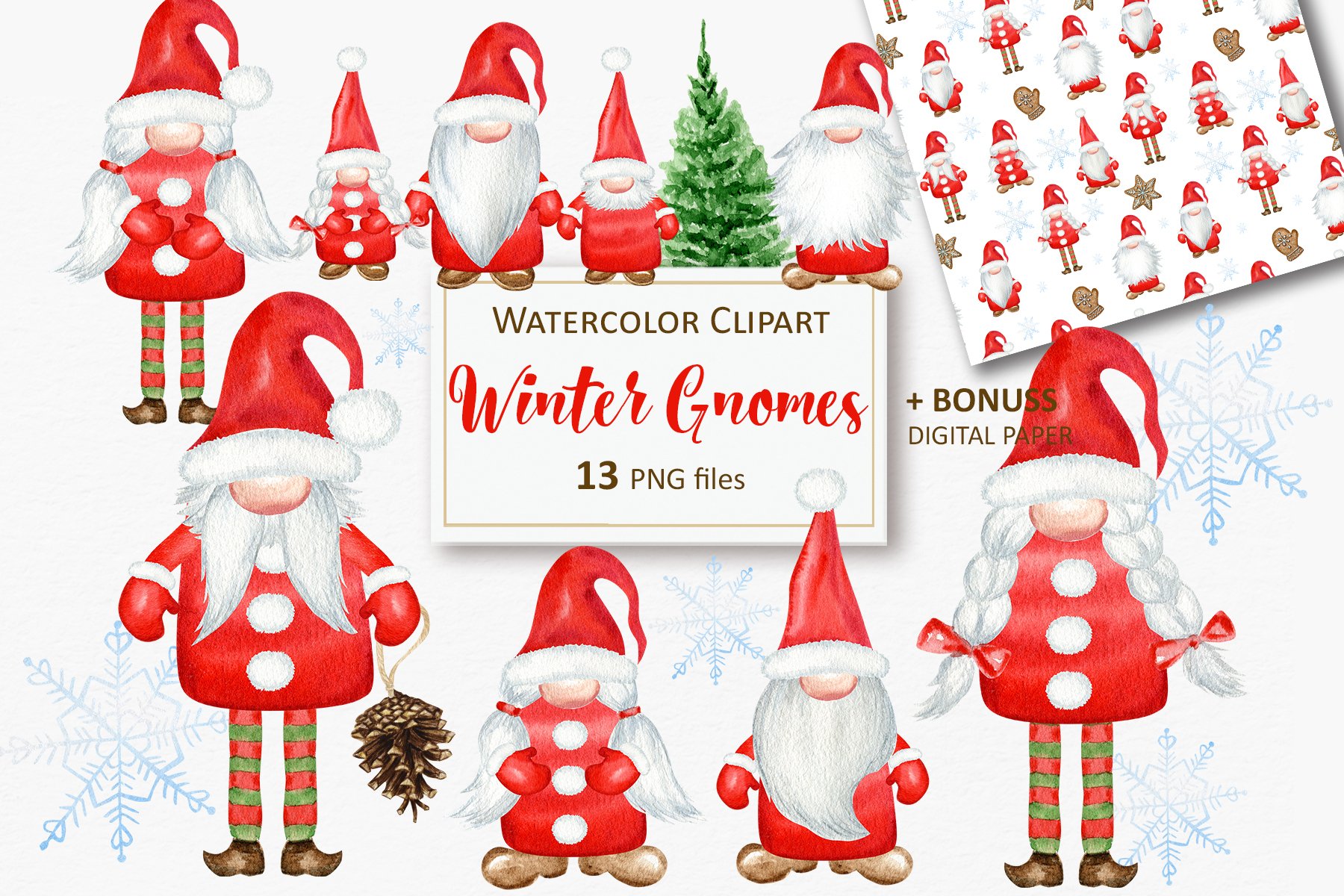 Watercolor Christmas Santa gnomes Scandinavian Clipart