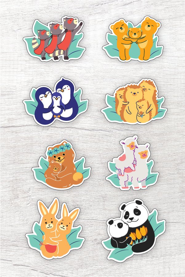 Animal mom hugging baby. Mommy and me. Animal stickers