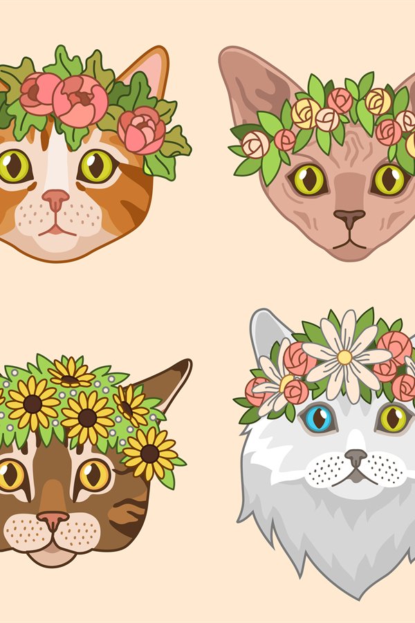 Cat heads with flower crown. Cute cats in floral (820783)