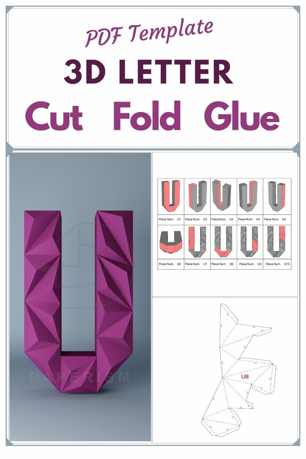 U Letter Papercraft, 3d Alphabet, DIY pdf template, low poly