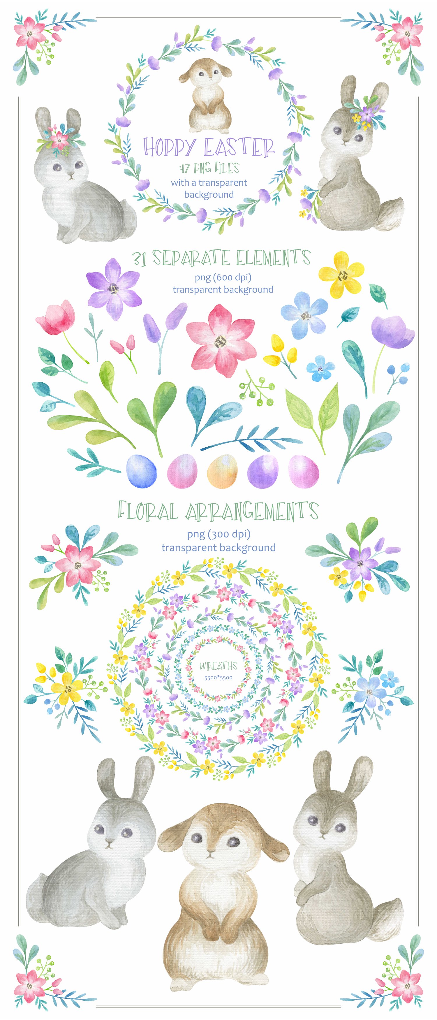 Hoppy Easter. Watercolor clip arts set.