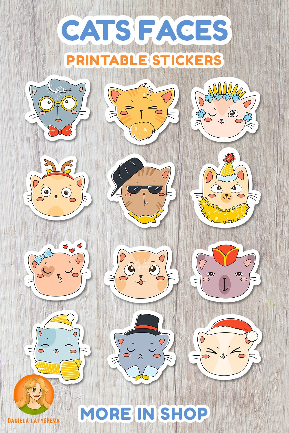 Cats Faces Printable Cute Sticker Set