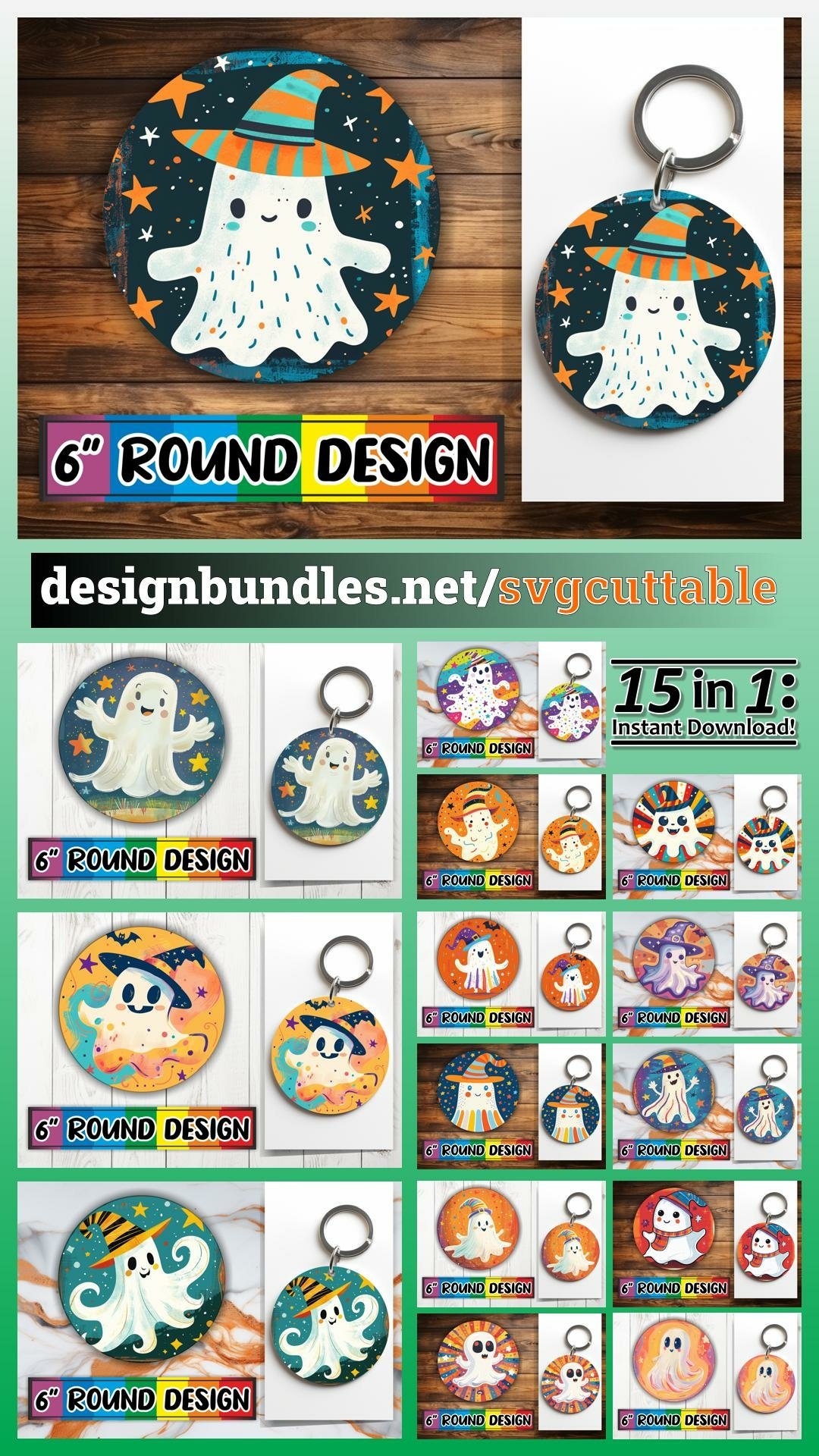 15x Spooky Cute Ghost Round PNG Bundle for Halloween, Fall