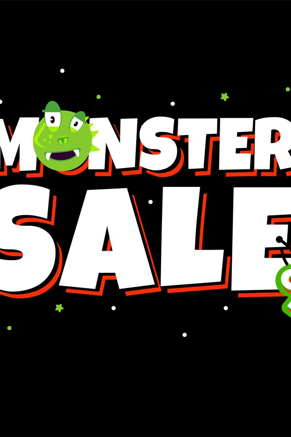 Sale card with cute monster. Promotion typography design