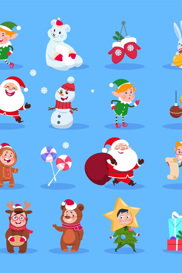 Winter characters. Cartoon santa, elves and winter christmas