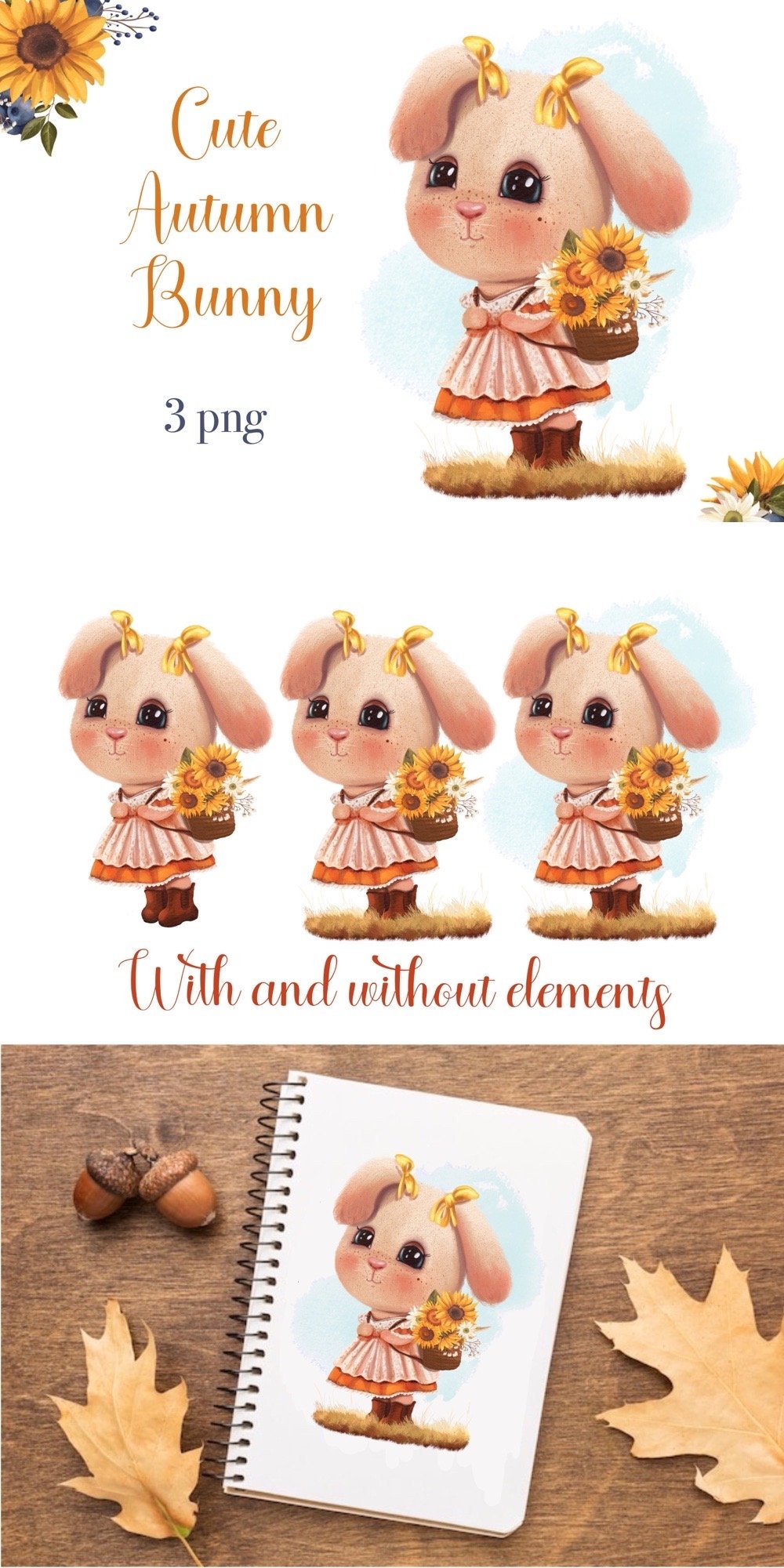 Cute autumn bunny girl with sunflowers Watercolor PNG