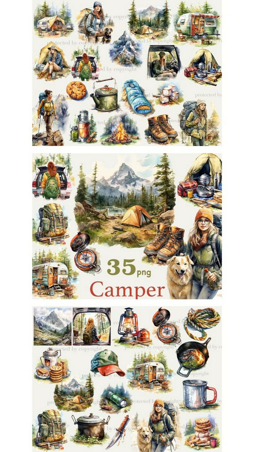 Camping Clipart PNG Bundle | Hiking Landscape