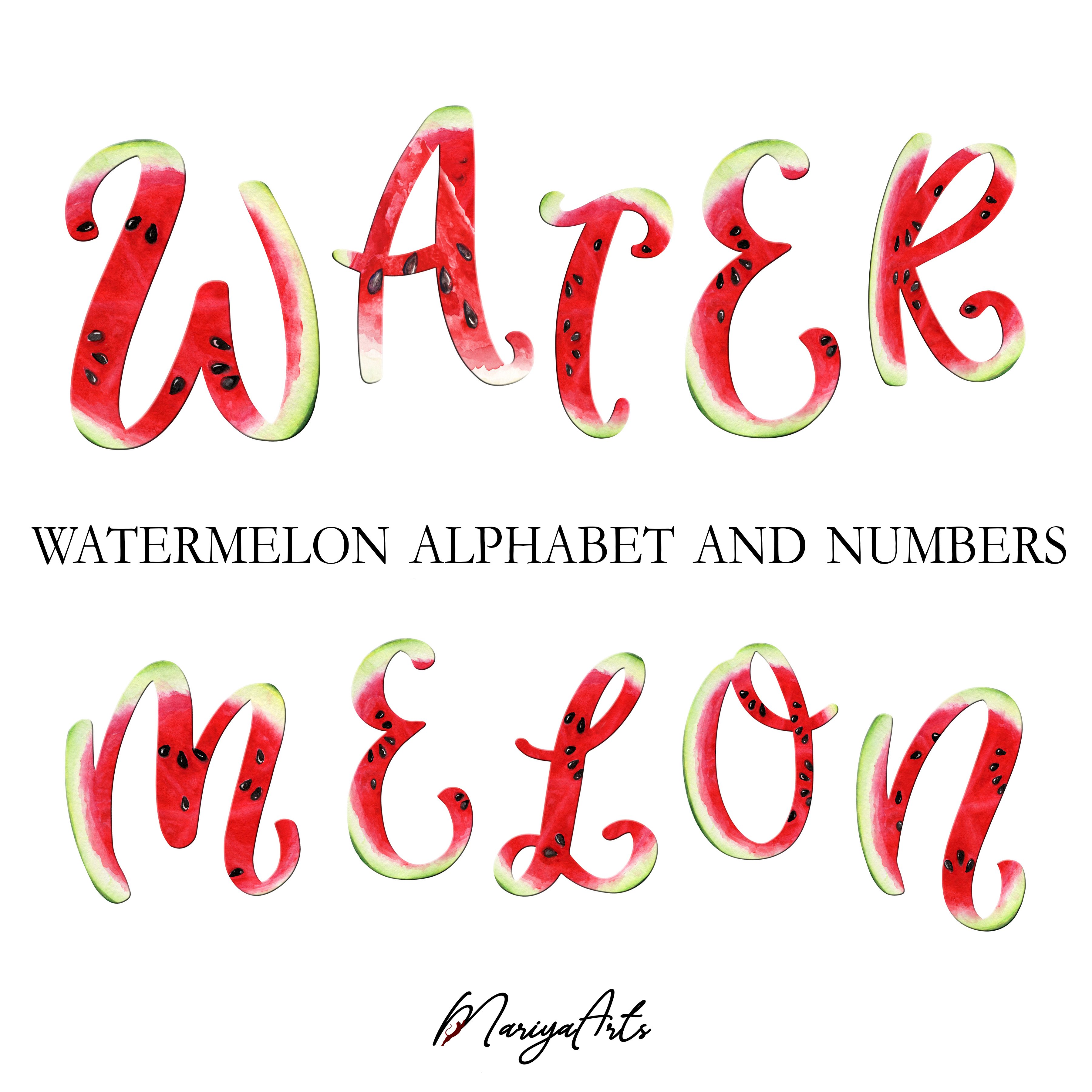 Watermelon Alphabet & Numbers, Watercolor lettering, Summer