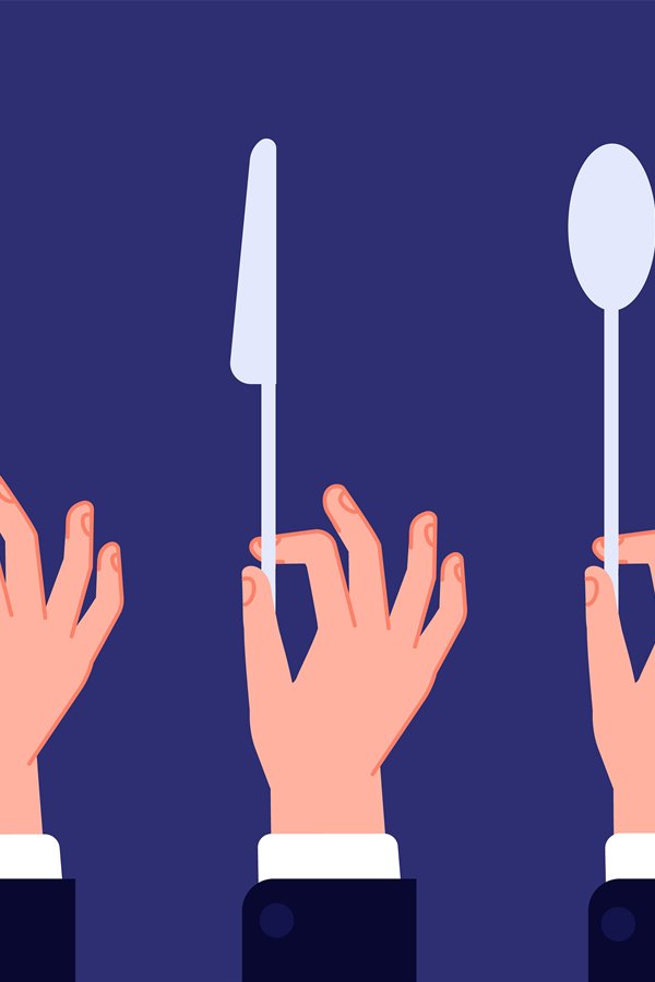 Hands with cutlery. Hand hold spoon, fork knife. Waiter hand