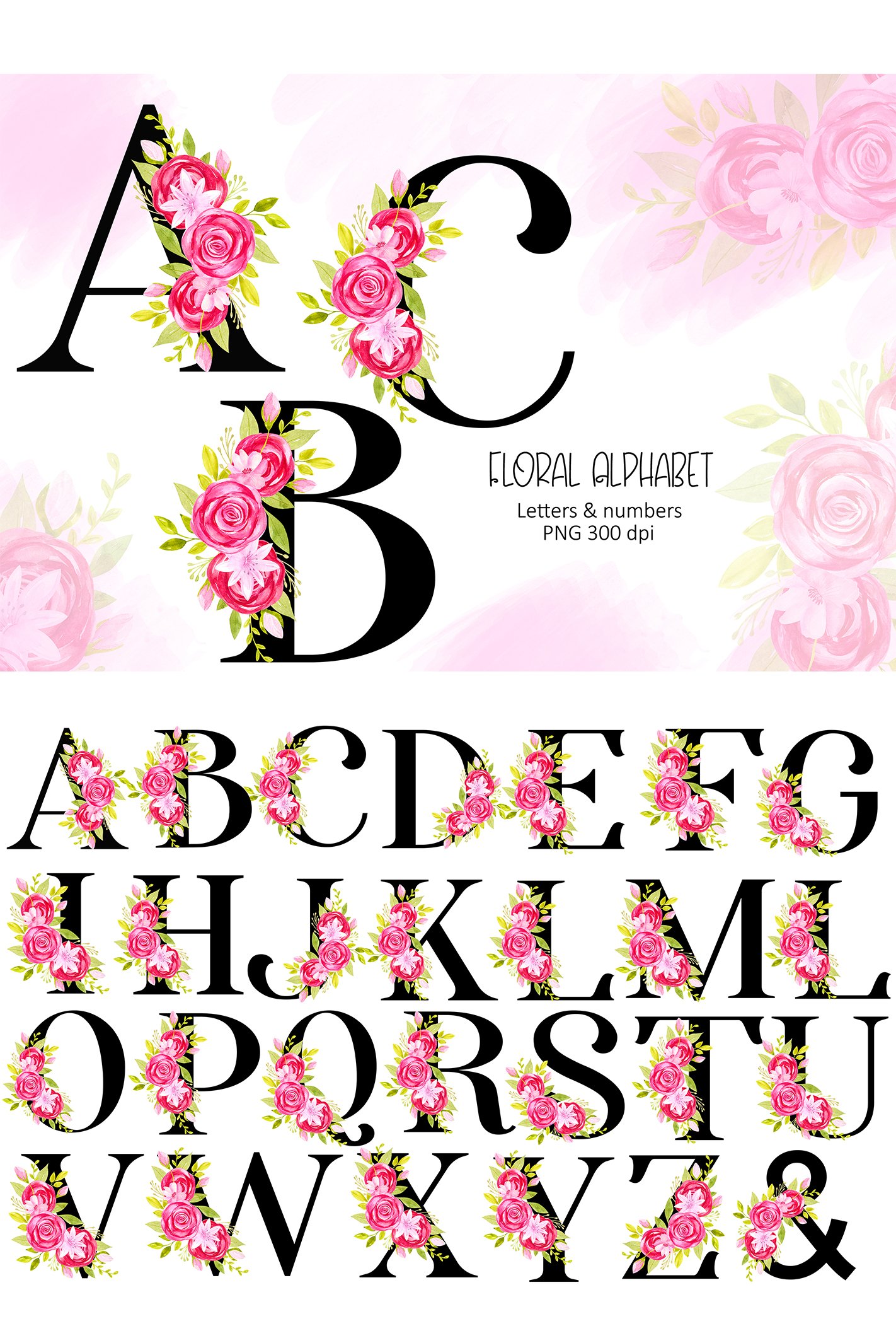 Floral Alphabet and Numbers clipart. Letters, monogram