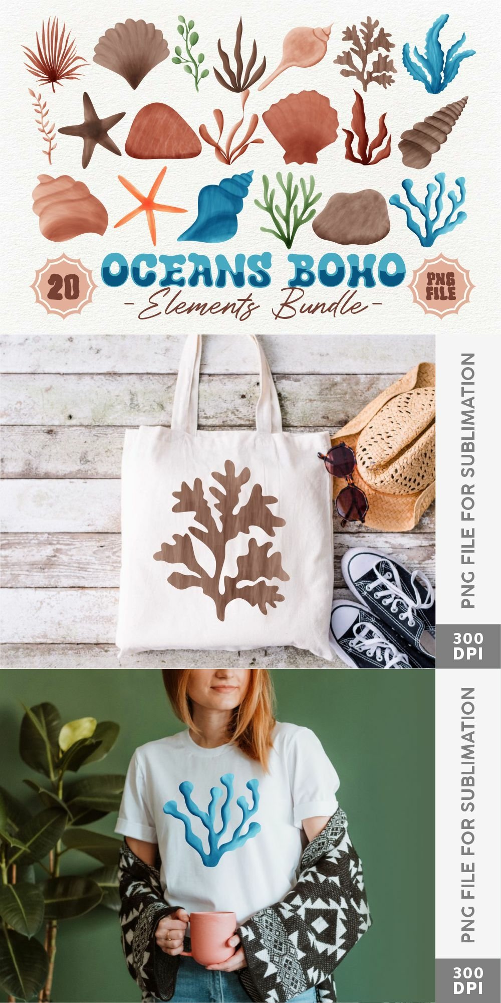 Ocean Boho Watercolor Elements Clipart PNG Bundle