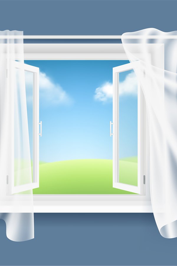 Open window with curtains. Sunny background with glass light
