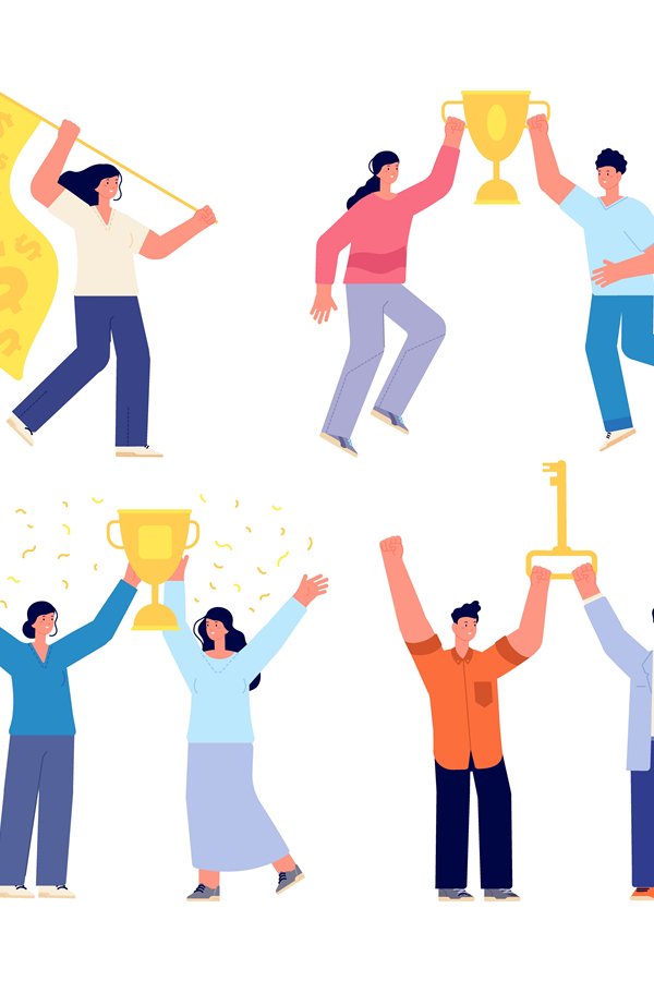 People with trophy. Office reward, success celebration teamw
