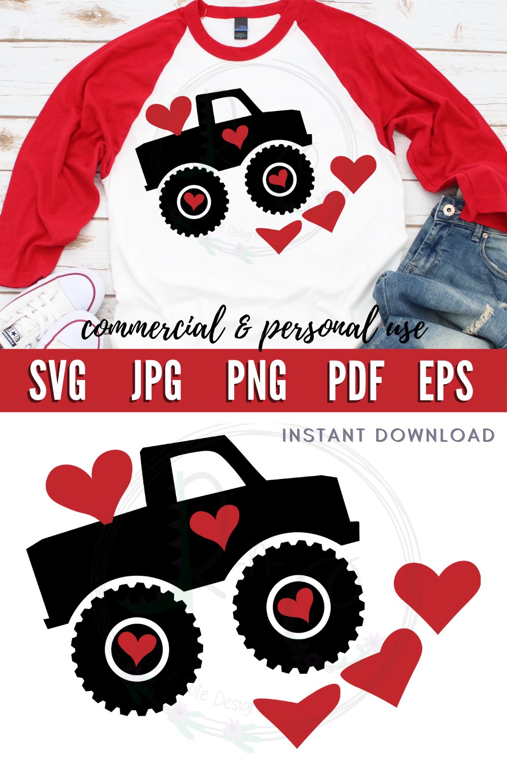 Heart Crushing Monster Truck cut file, Valentine's Day SVG
