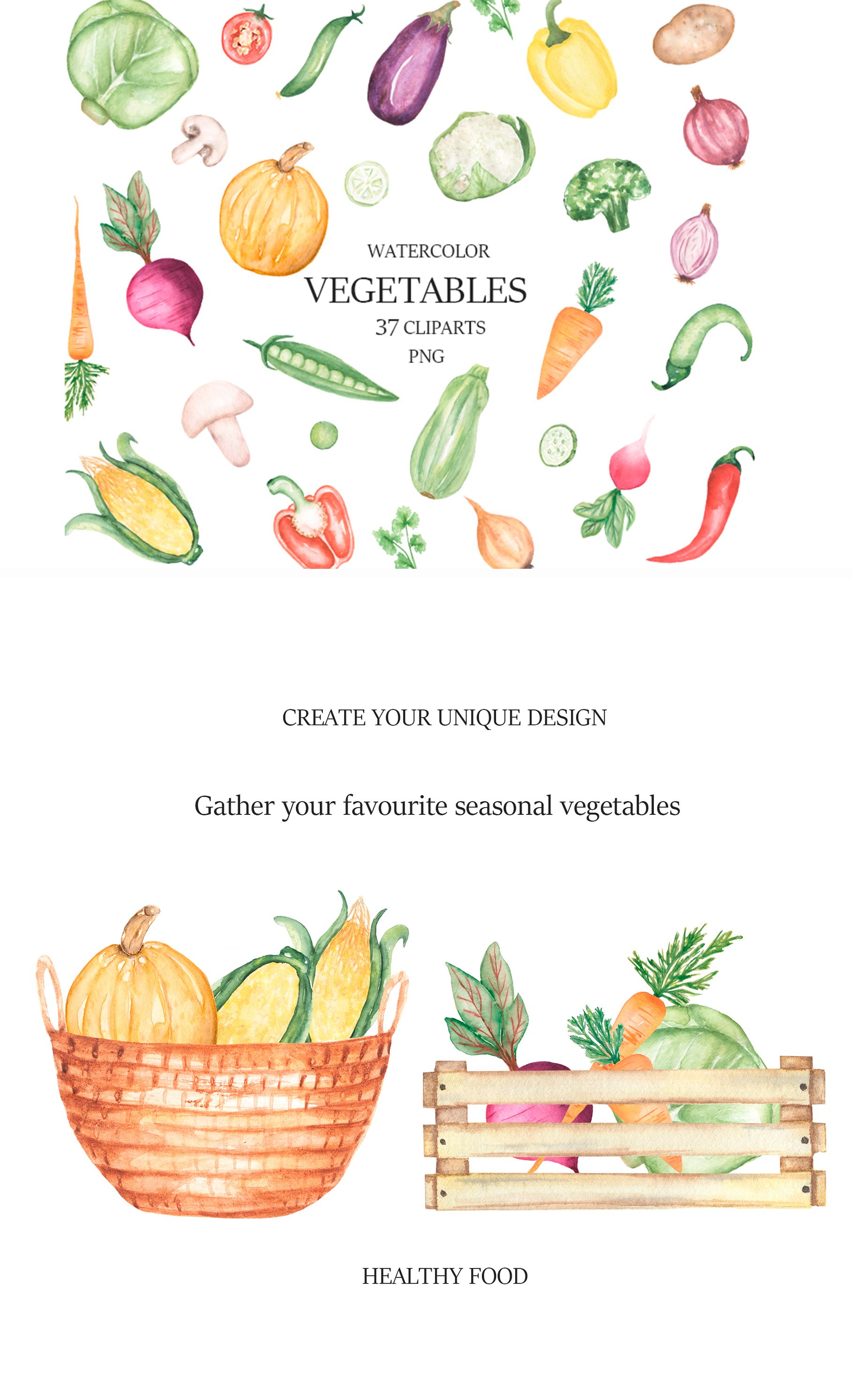 Watercolor Vegetables Clipart Set Bundle