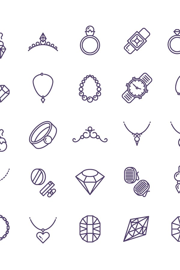 Expensive gold jewelry with diamond vector line icons and we