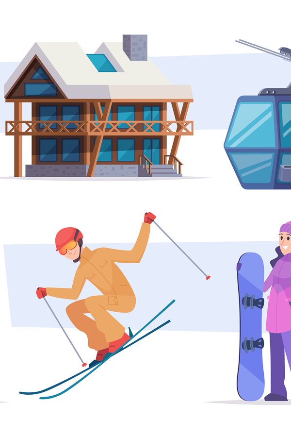 Ski resort. Christmas winter village snow activities in alps