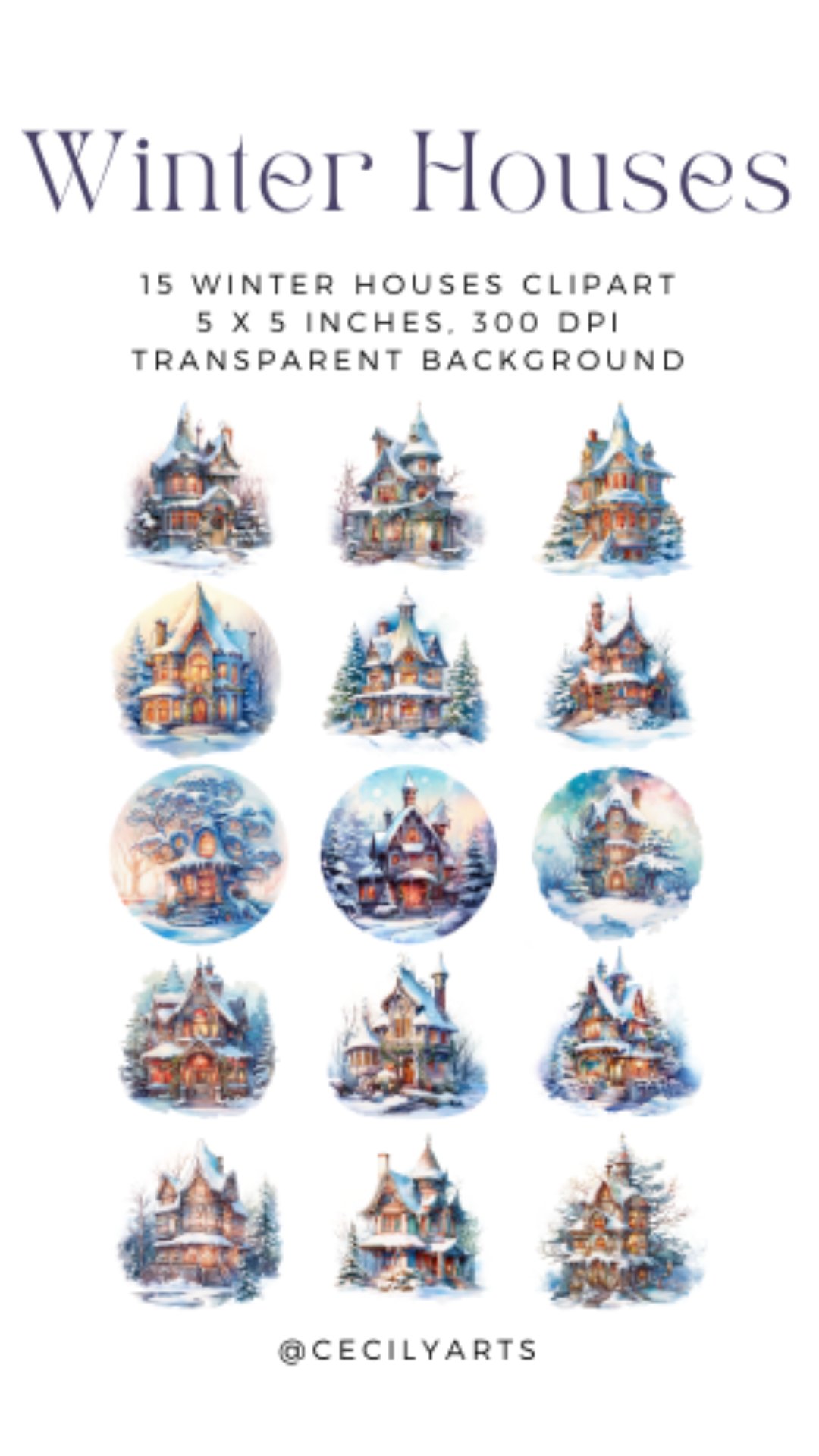 15 Watercolor Winter Houses Clipart