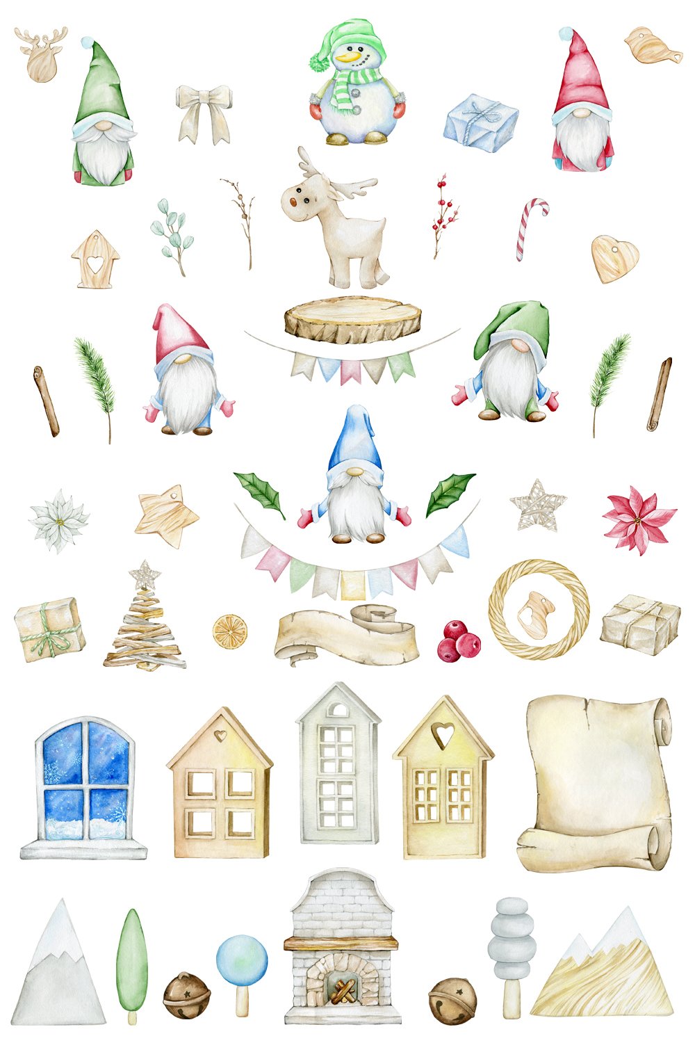Christmas Gnomes. Watercolor set of clip. PNG.
