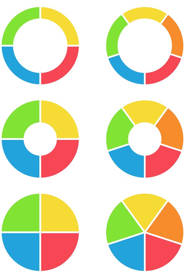 Colorful pie and donut charts. Circle chart, circle sections