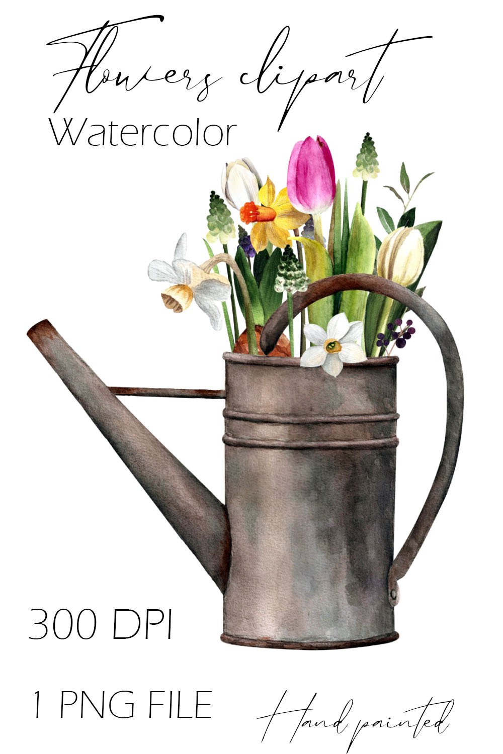 Watercolor spring flowers clipart in watering can.Floral PNG