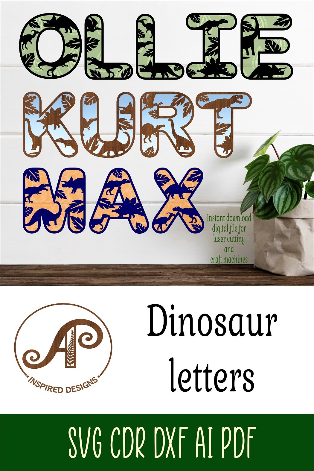 Dinosaur alphabet set. 2 layer letters. 47 laser cut options
