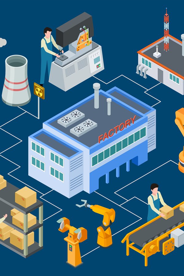 Isometric factory with robotic machinery, workers, smokestac