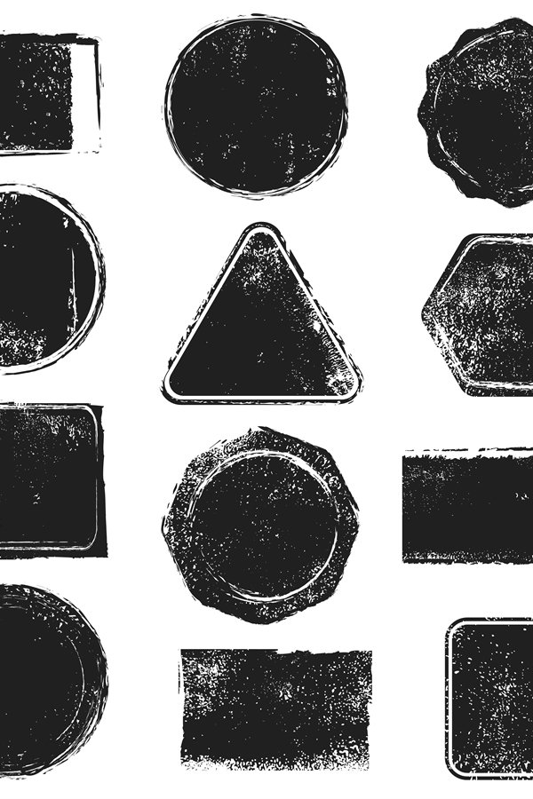 Grunge stamps. Distressed post stamp texture. Round, rectang
