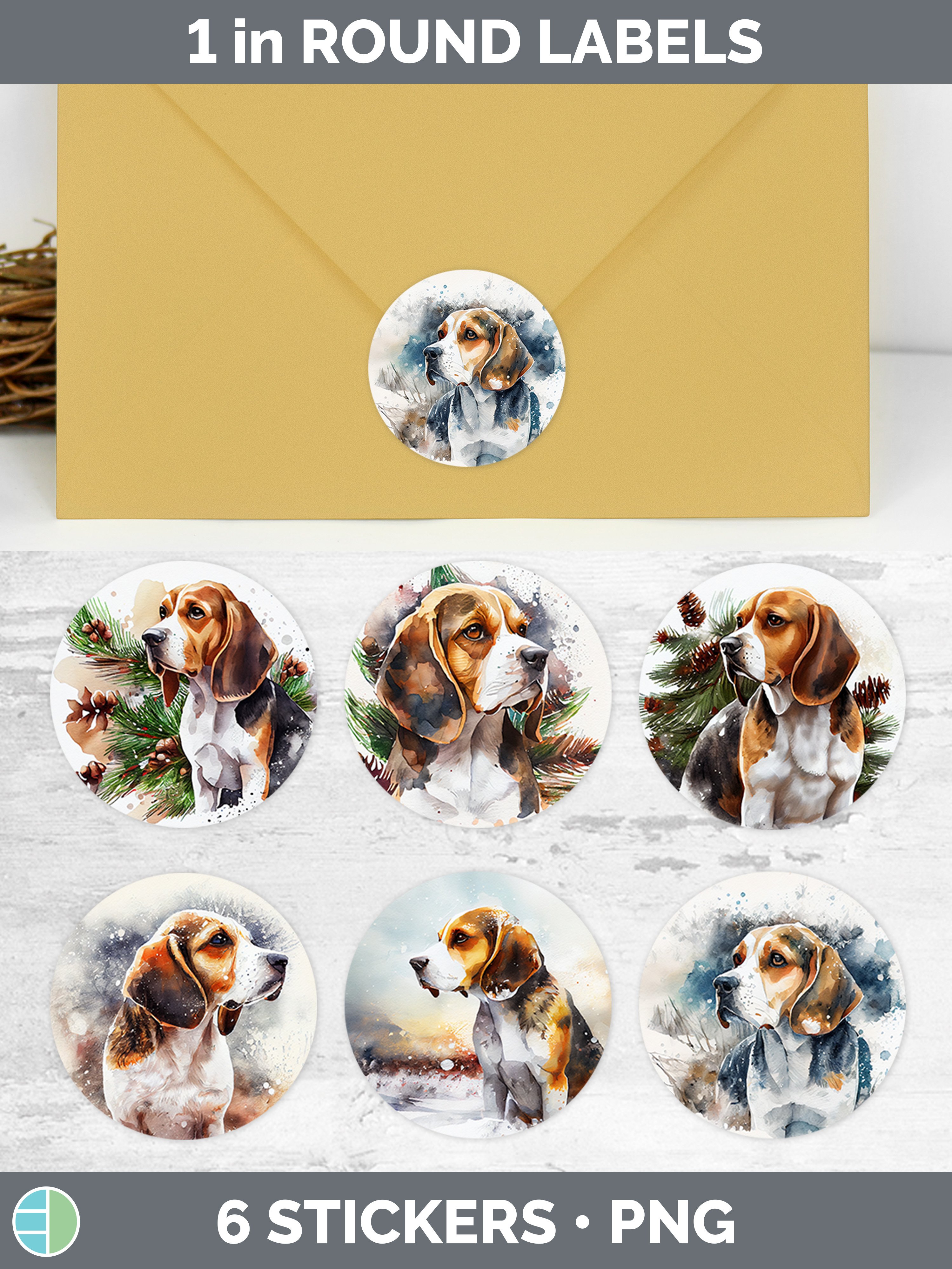 Snowy Beagle Stickers | Sticker 1in Round Labels PNG Designs