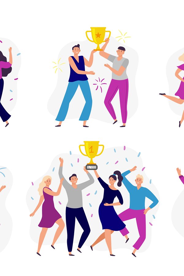 People win cup. Couple winners, man and woman holding gold c