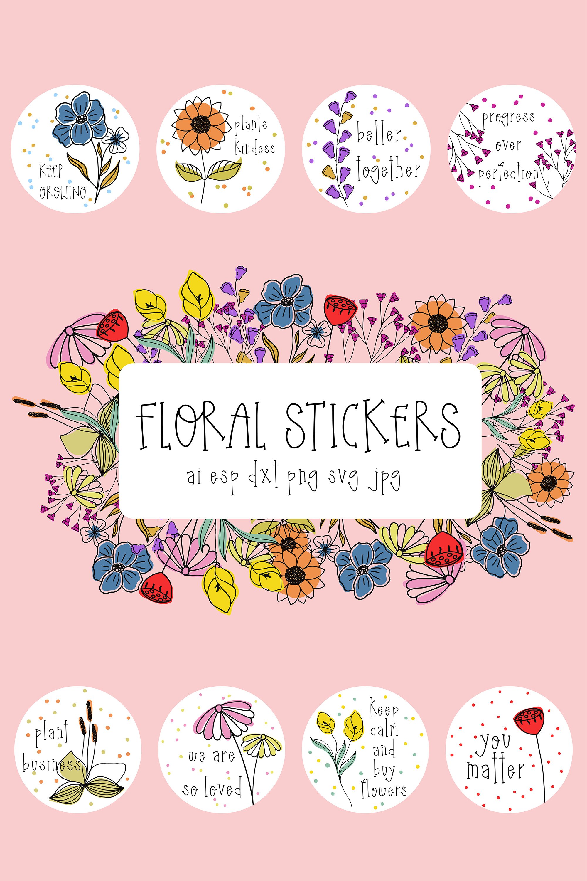 Printable circle flower stickers quotes bundle PNG vector