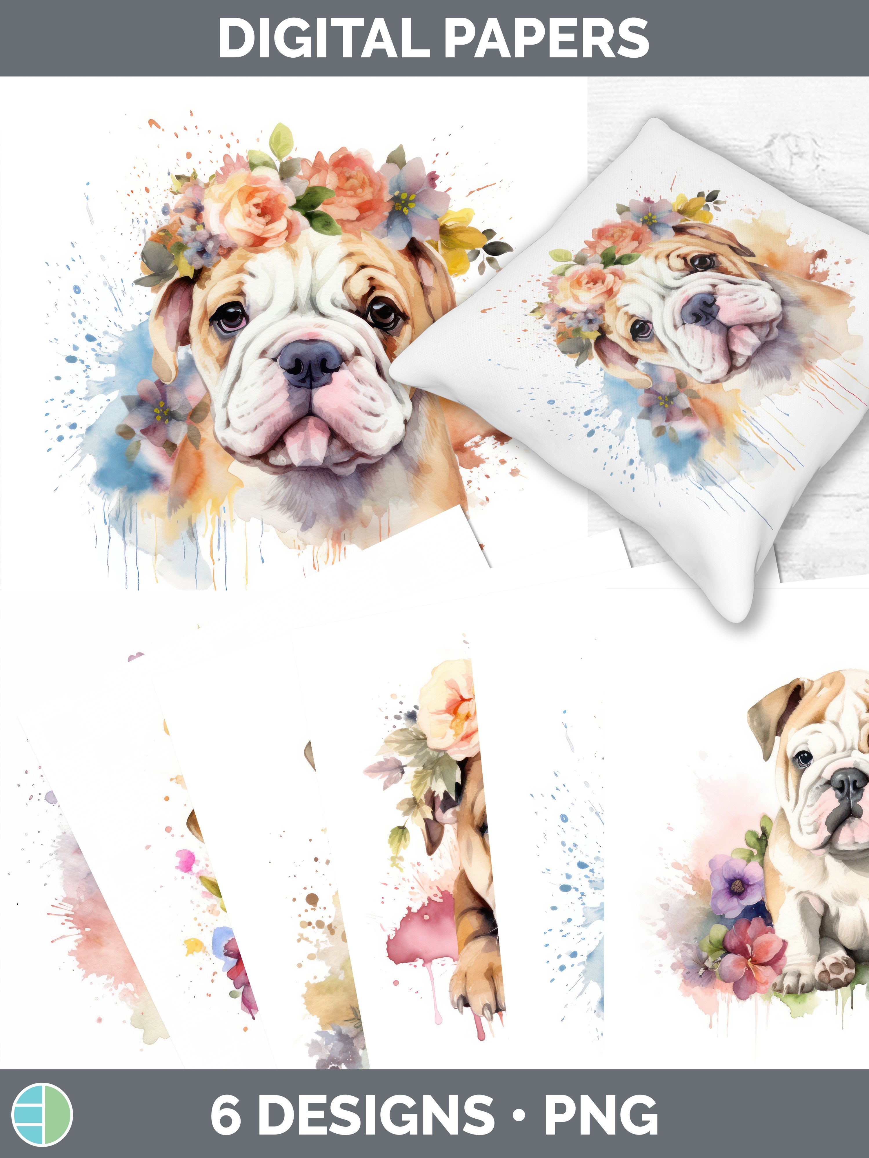 Watercolor Bulldog Dog Paper Backgrounds | Digital Scrapbook