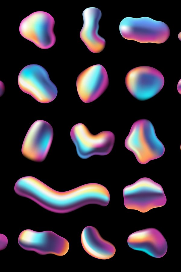 Gradient iridescent shapes. Abstract bright fluid rainbow me