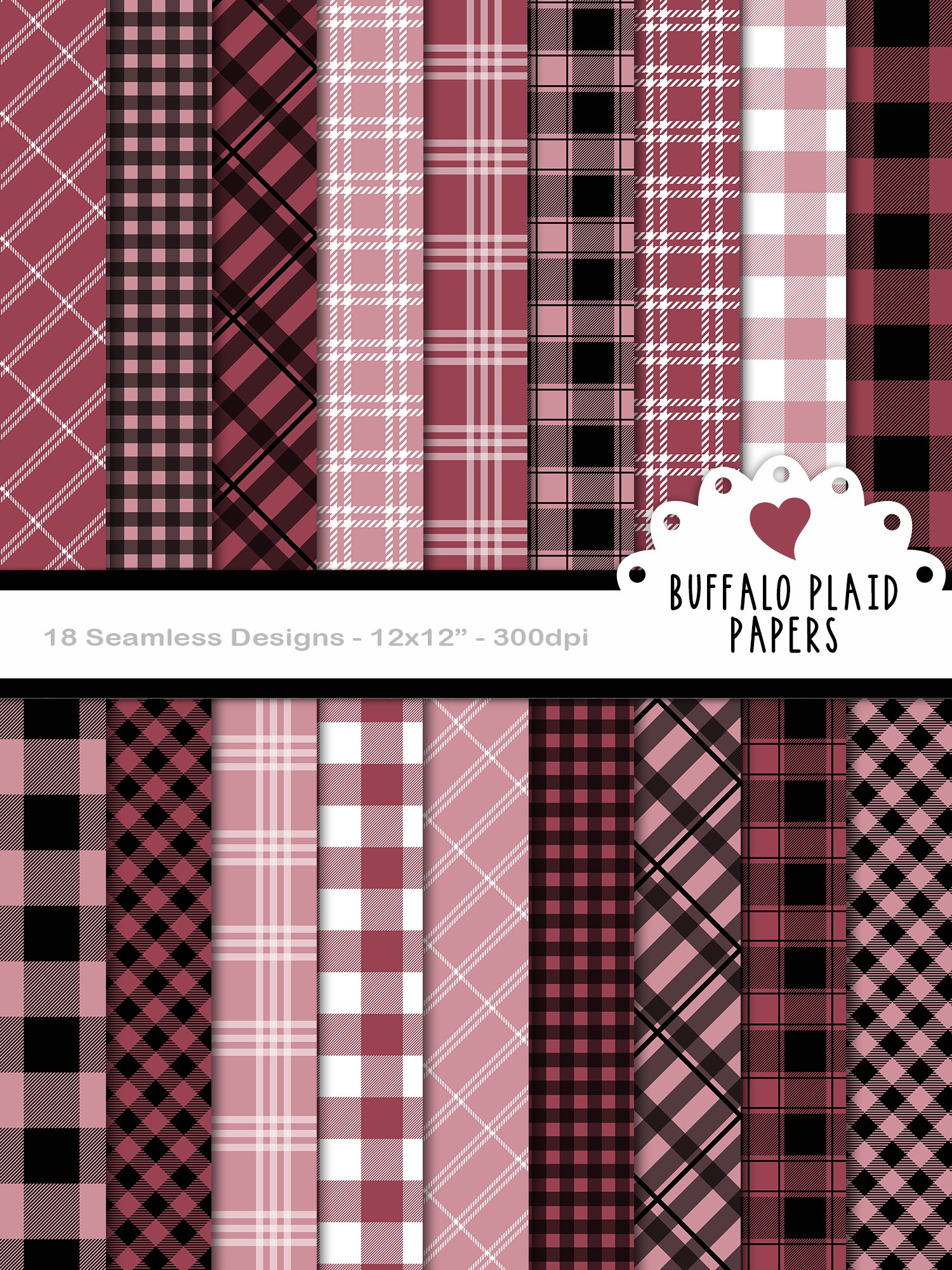Rose and black buffalo plaid seamless backgrounds