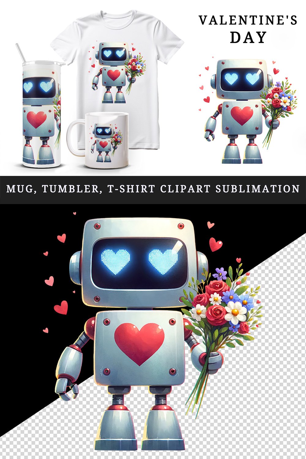 Valentine's Day robot tumbler mug wrap clipart sublimation