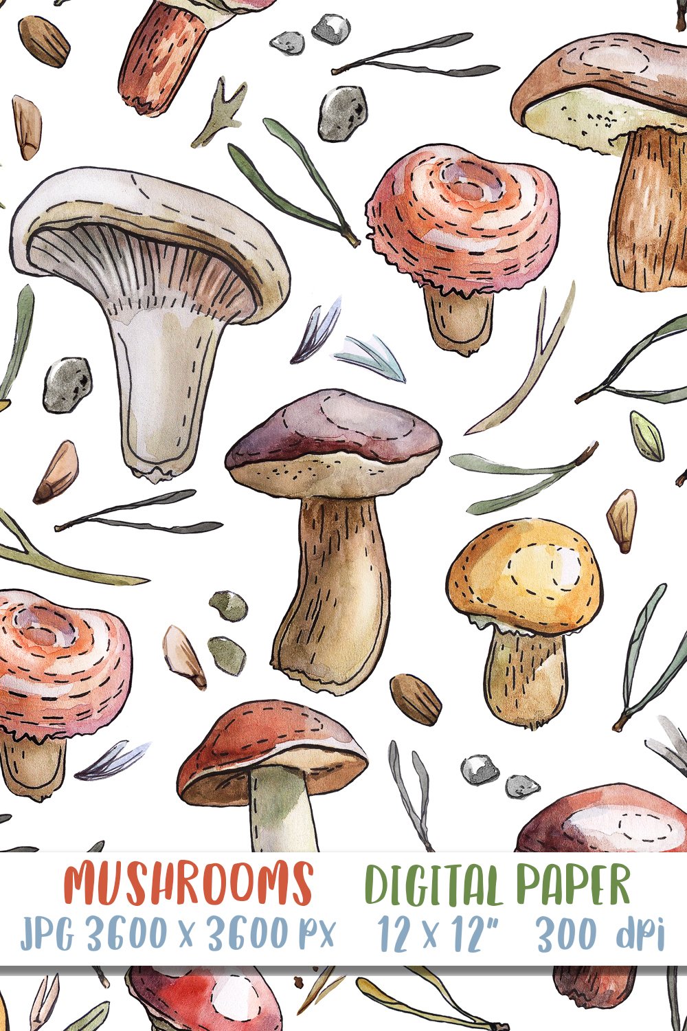 Watercolor mushrooms Digital paper Forest Seamless pattern