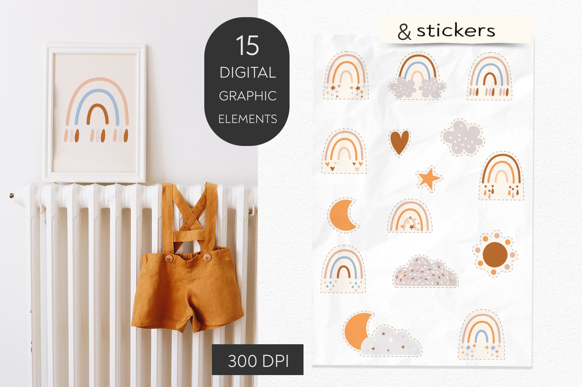 Rainbow digital stickers Boho printable stickers for planner