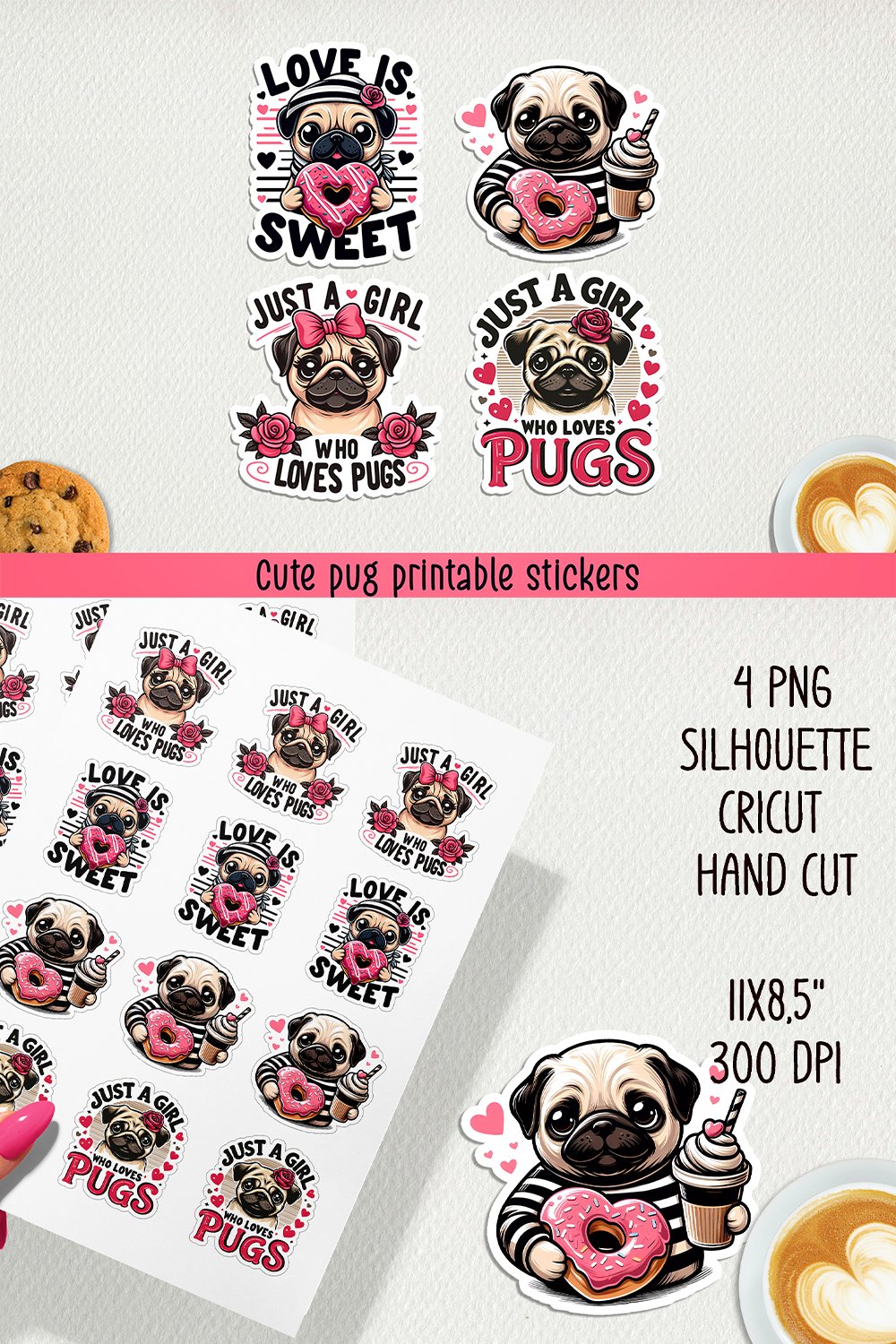 Cute pug printable stickers. PNG, JPG.