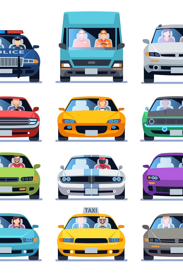 Car front view. Auto automotive people man woman child famil