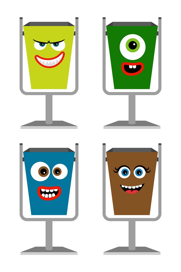 Garbage cans with faces vector illustration. Waste dustbin s