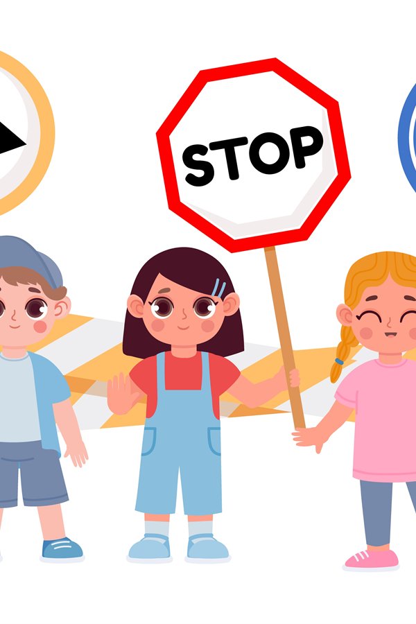 Group of kids holding stop road signs, caution for drivers.