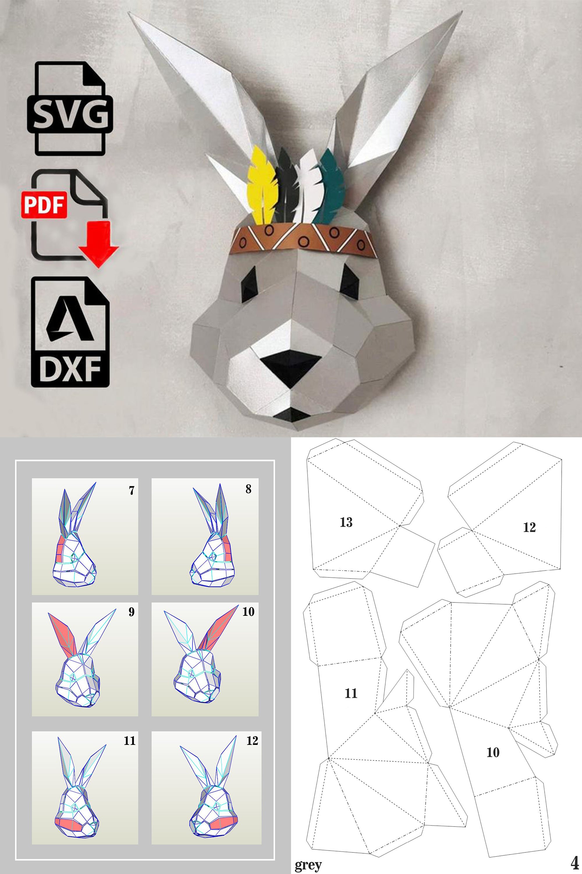 bunny with flowers,rabbit papercraft,pdf svg 3d origami