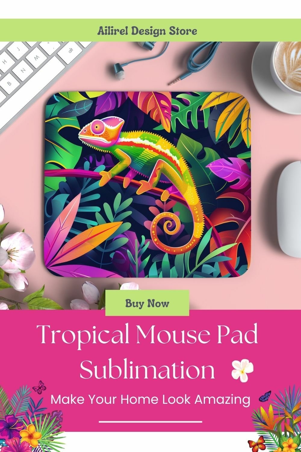 Neon Chameleon Mouse Pad Wrap, Tropical Mouse Pad Template